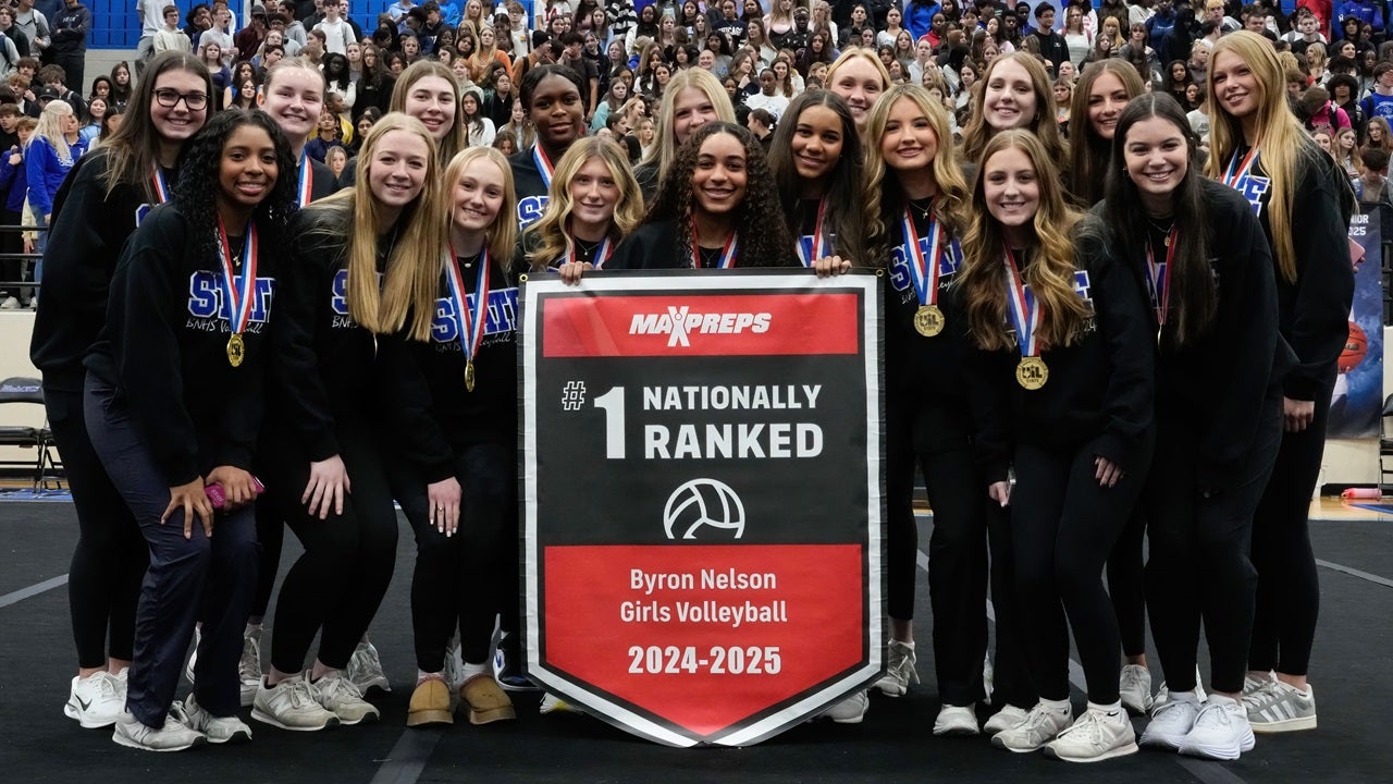 Byron Nelson volleyball team presented with MaxPreps National Championship banner at school pep ...